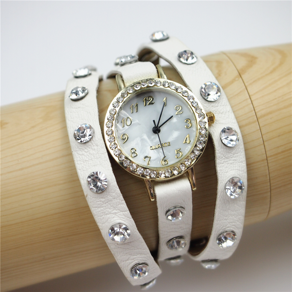 White Leather Belt With Rhinetone Watch 81 on Luulla